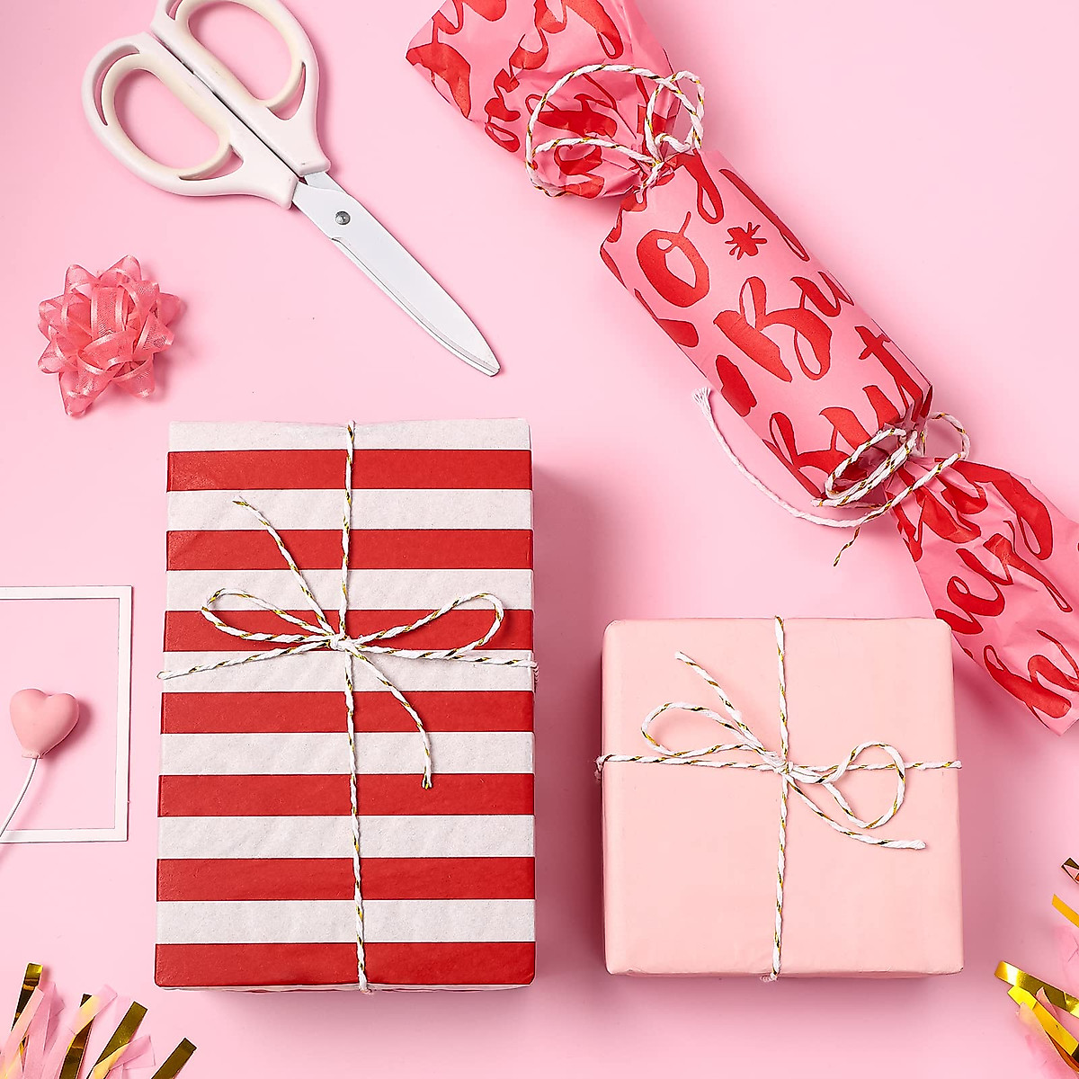 Packanewly Gift Wrap Tissue Paper for Valentine's Day - 100 Sheets Bulk Wrapping Paper Decorative Art for Gift Wrap, Flower, Pom Pom - 20x20 inch (Red, Pink, Stripe, Dot)