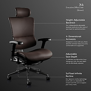 X-Chair X4 High End Executive Chair, Brown Leather with Headrest - Ergonomic Office Seat/Dynamic Variable Lumbar Support/Floating Recline/Stunning Aesthetic/Adjustable/Perfect for Office or Boardroom