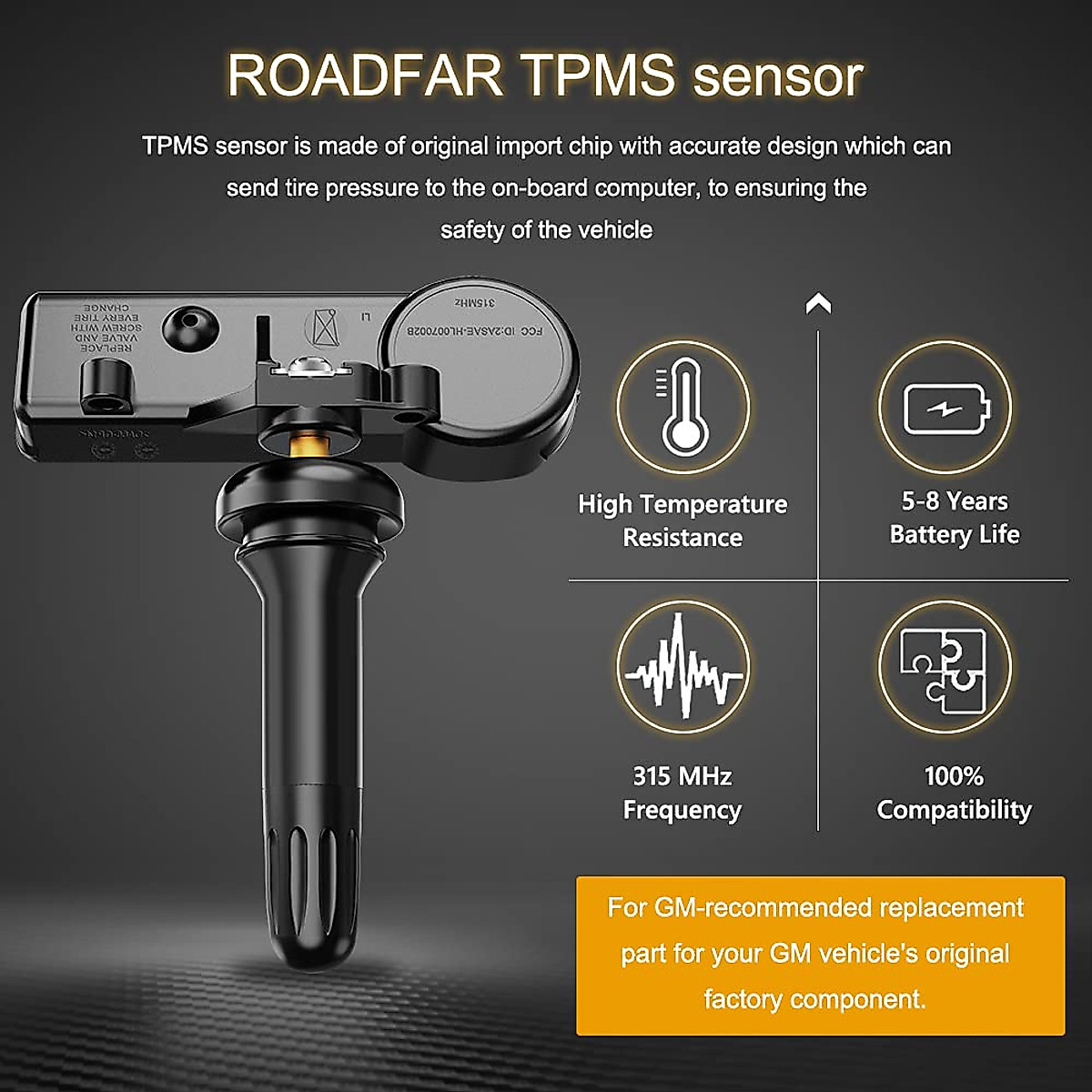 ROADFAR Tire Presure Sensor 315MHz Tire Pressure Monitoring System Sensor (TPMS) Fits for Buick for Chevrolet for GMC for Pontiac & More Replaces# 13598771 13598772 13586335 Sets of 4