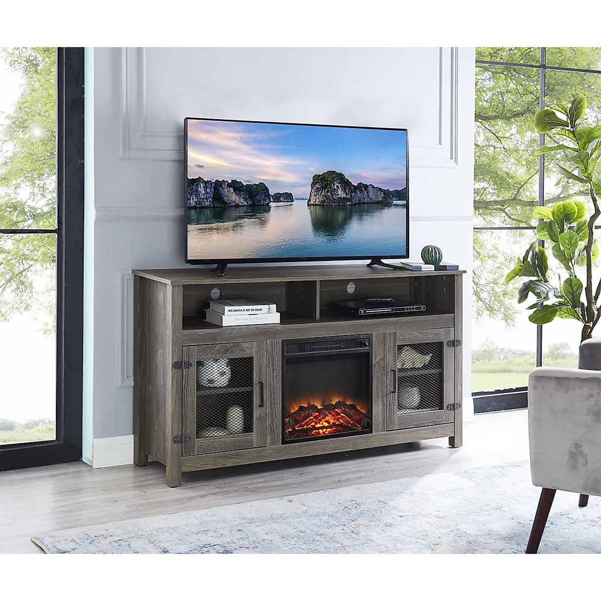 TV Stand with Electric Fireplace Modern Farmhouse, Fit up to 65" Flat Screen TV with Storage Cabinet and Adjustable Shelves Industrial Entertainment Center for Living Room, Grey