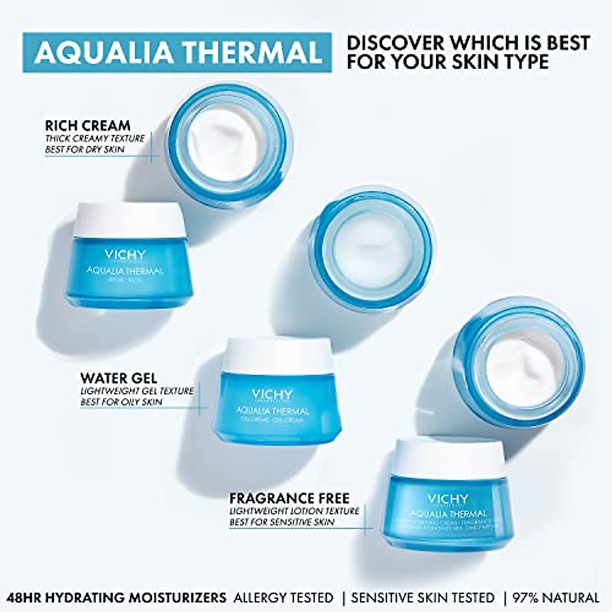 Vichy Aqualia Thermal Mineral Water Gel Moisturizer for Face with 97% Natural Origin Hyaluronic Acid, Dermatologist Recommended for 48-hr Hydration, Mineral Oil & Paraben-Free, 1.69 Fl. Oz