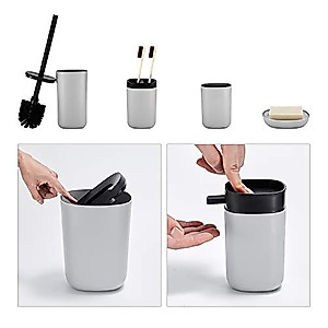 GERUIKE Bathroom Accessories Set 6 Piece Plastic Includes Soap Dispenser,Trash Can,Soap Dish,Toilet Brush Holder,Toothbrush Holder,Toothbrush Cup for Bathroom,Gray