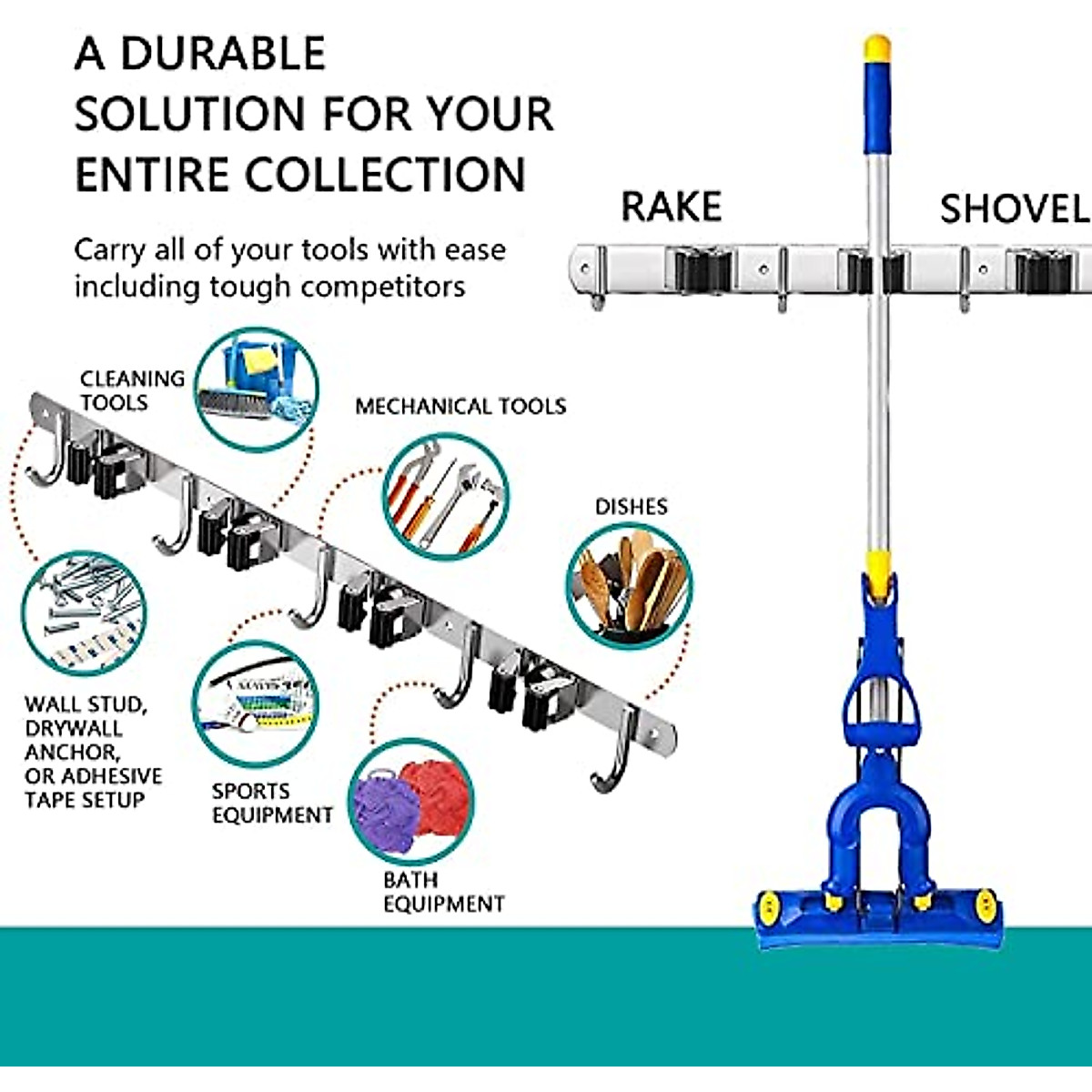 Zollyss Broom Mop Holder Wall Mount Stainless Steel Wall Mounted Storage Organizer Heavy Duty Tools Hanger with 5 Racks 4 Hooks for Kitchen Bathroom Closet Garage Office Garden-1Pc