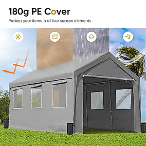 ADVANCE OUTDOOR 10'x20' Heavy Duty Adjustable Height Carport with 6 Roll-up Ventilated Windows & Removable Sidewalls Car Canopy Garage Boat Shelter Party Tent, Peak Height from 9.5ft to 11ft, Grey