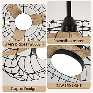 Nogcew Ceiling Fan With Lights and Remote, 20" Caged Ceiling Fans with Light,3-color Temperature,2 Rods, Reversible,Dimmable,Low Profile Ceiling Fan for Dining Room,Bedroom,Living Room