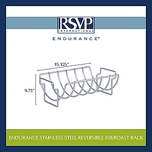 RSVP International Kitchen Roasting Pan Collection Durable Dishwasher Safe Stainless Steel, Reversible Rib/Roast Rack, 15.75x9.75x5.25"
