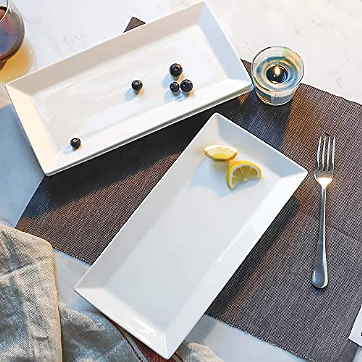 Sweese 705.101 12 Inch Porcelain Rectangular Plates, White Serving Trays for Parties - Stackable, Set of 4