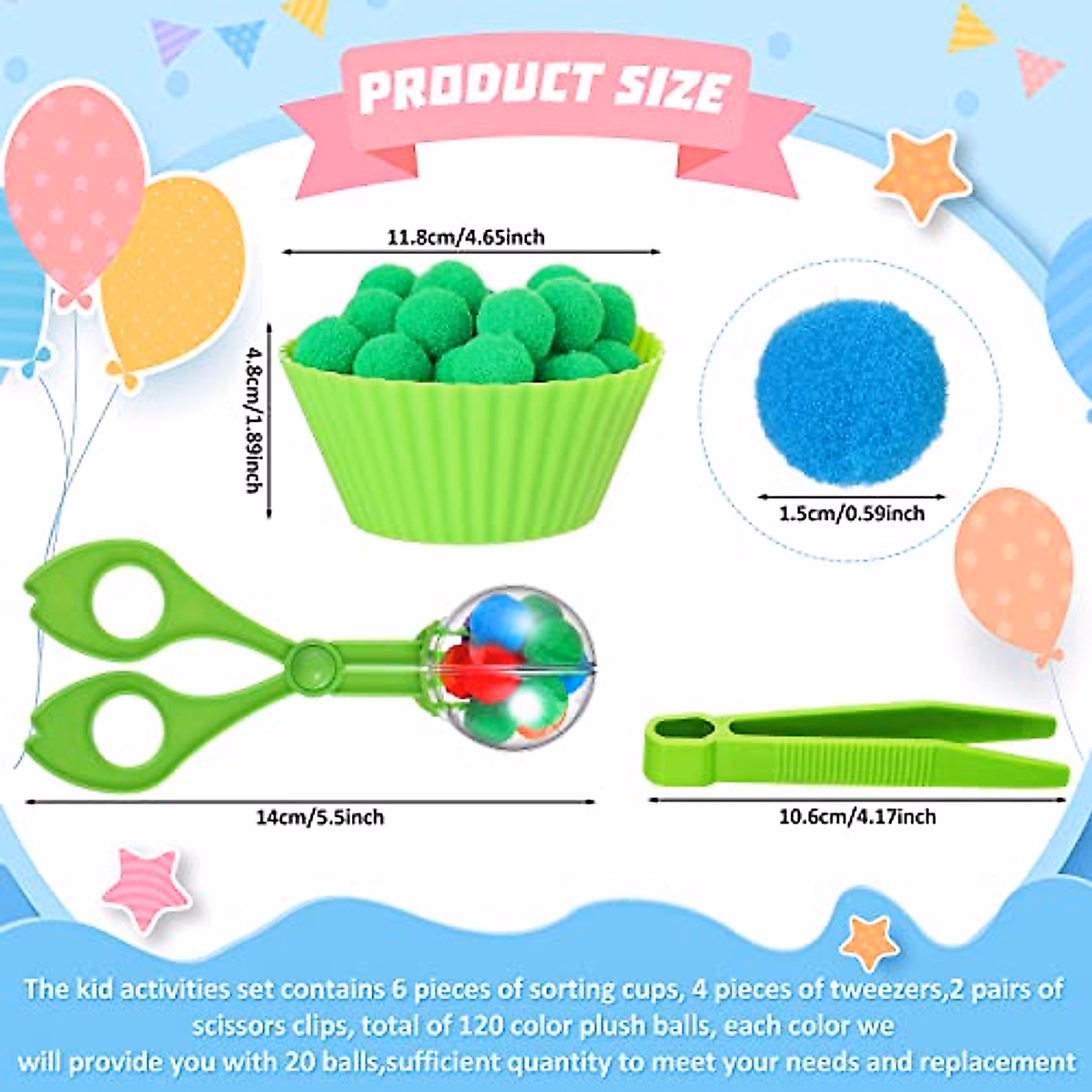 142 Pieces Fine Motor Skills Handy Scooper Set Sensory Bin Filler Includes 12 Sorting Bowls, 8 Tweezers, 2 Scissors Clips, 120 Plush Balls for Early Education and Sorting Counting Training Development