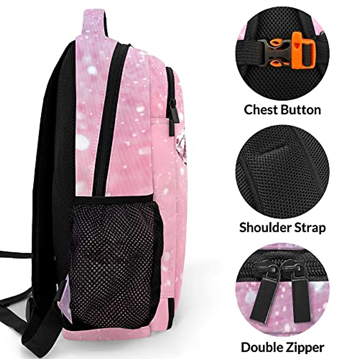 Anneunique Custom Pink Diamond Backpack Custom Name Large Capacity Shoulder Bags for Sports Party