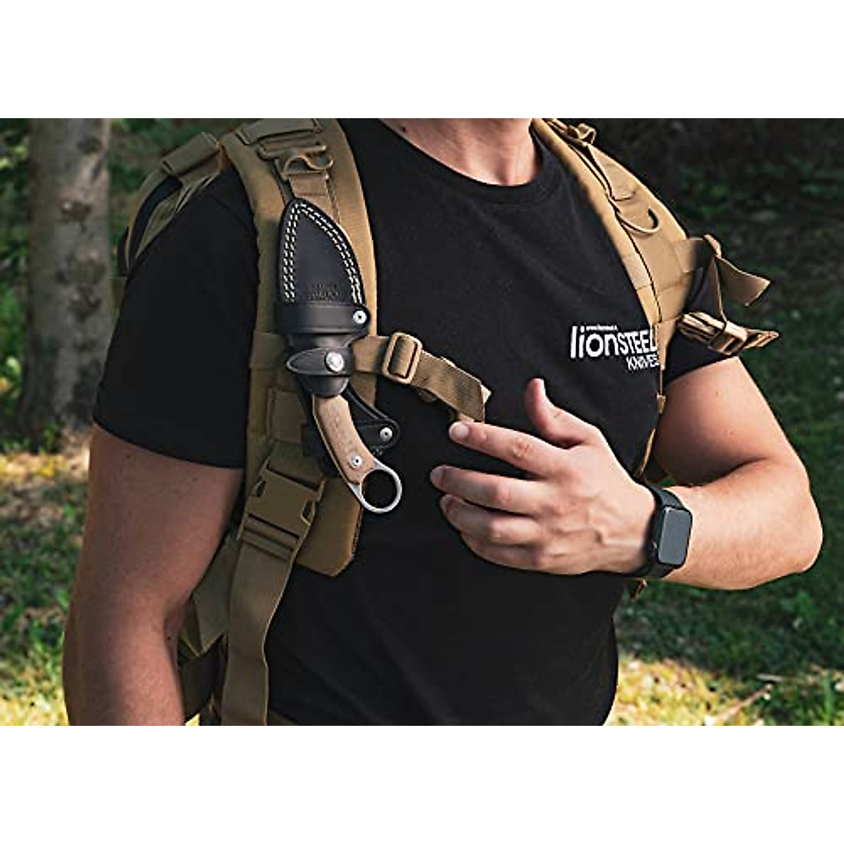 LionSTEEL H2 Karambit Style Fixed Blade EDC Hunting Hiking and Outdoor Knife, G10 and Micarta Handles, M390 Super Steel, Leather Sheath Included, Natural Micarta