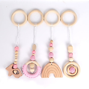 Mersuii 4Pcs Wooden Baby Gym Baby Hanging Toys Wooden Circle Activity Gym Hanging Bar Interactive Toys Baby Gift Children Room Decoration Pendant