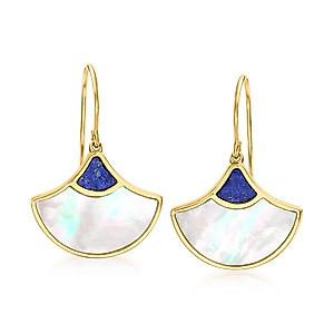 Ross-Simons Mother-Of-Pearl and Lapis Fan Drop Earrings in 18kt Gold Over Sterling