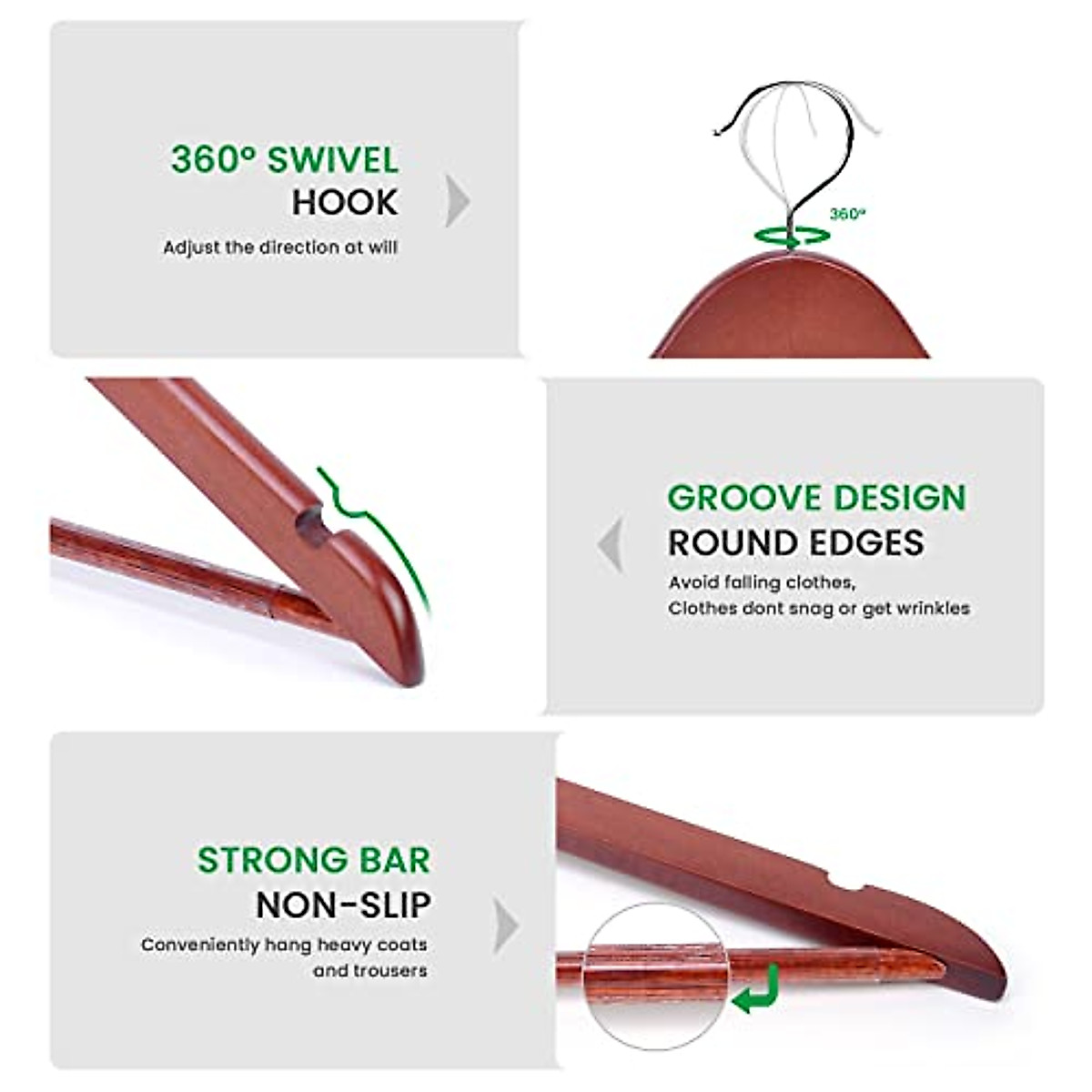 Nature Smile Wooden Suit Hangers 30 Pack Solid Wood Coat Clothes Hangers with Non Slip Bar and 360° Swivel Hook(Cherry Color)…