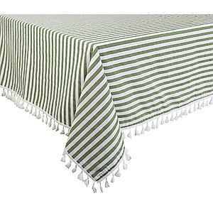 Fennco Styles Simply Striped Tassel Cotton Blend 55 x 55 Inch Tablecloth - Green Table Cover for Banquets, Holiday, Special Events, Outdoor and Home Décor