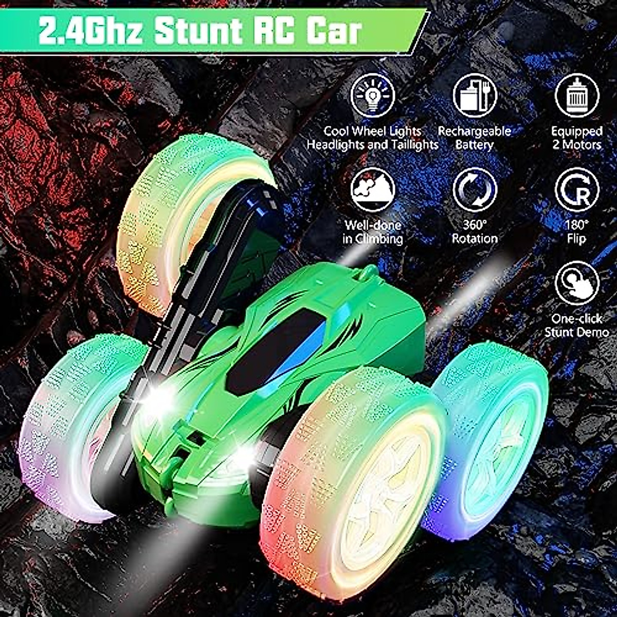 28℃ Remote Control Car, RC Cars Stunt Car Toy, 4WD 2.4Ghz Double Sided 360° Rotating RC Stunt Car with Headlights Wheel Lights, RC Cars Toys Gift for Kids Boys Girls on Birthday Christmas (Green)
