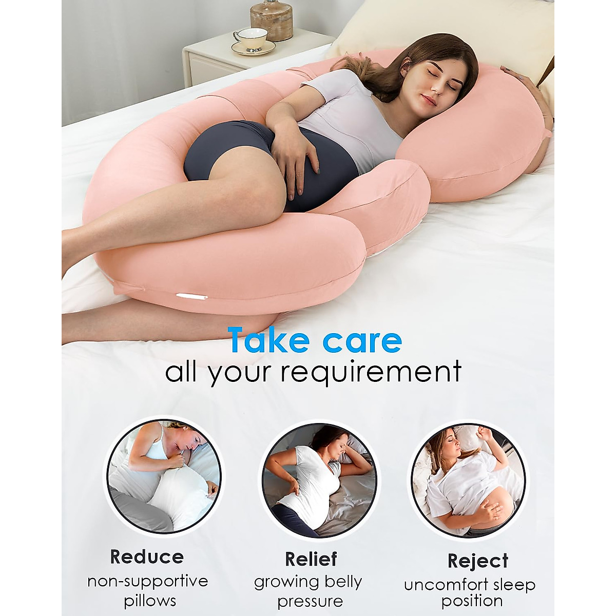 QUEEN ROSE Cooling E Shaped Pregnancy Pillows, Detachable Body Pillow for Sleeping, with Pregnancy Wedge Pillow for Belly Support, Cooling Rayon Cover,Pink