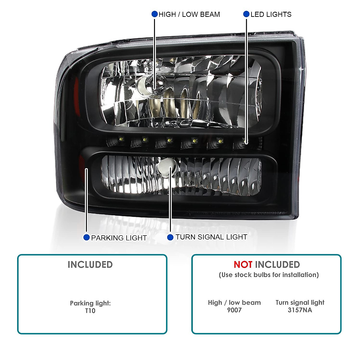 SPEC-D TUNING 1Pc Black Clear Led Headlights Compatible with 1999-2004 Ford F250 F350 F450 Super Duty, 2000-2004 Ford Excursion, L+R Pair Head Light Lamp Assembly