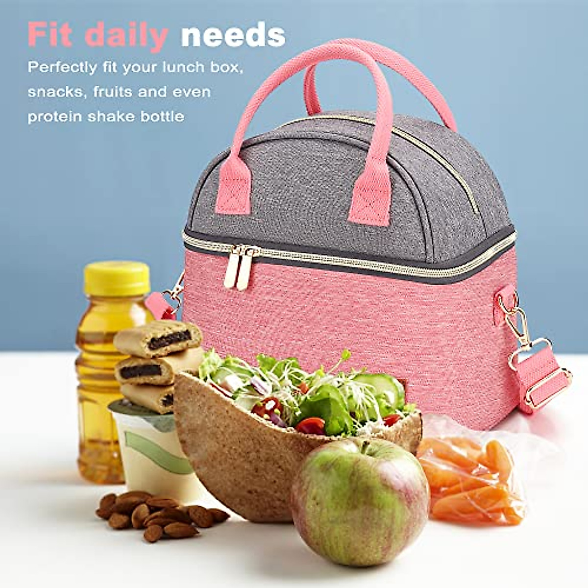 Urtala Insulated Lunch Bag for Women, 9L Dual Compartment Lunch Box with Shoulder Strap, Reusable Cooler Bag for Adult Office Work Outdoor Picnic, Pink Gray