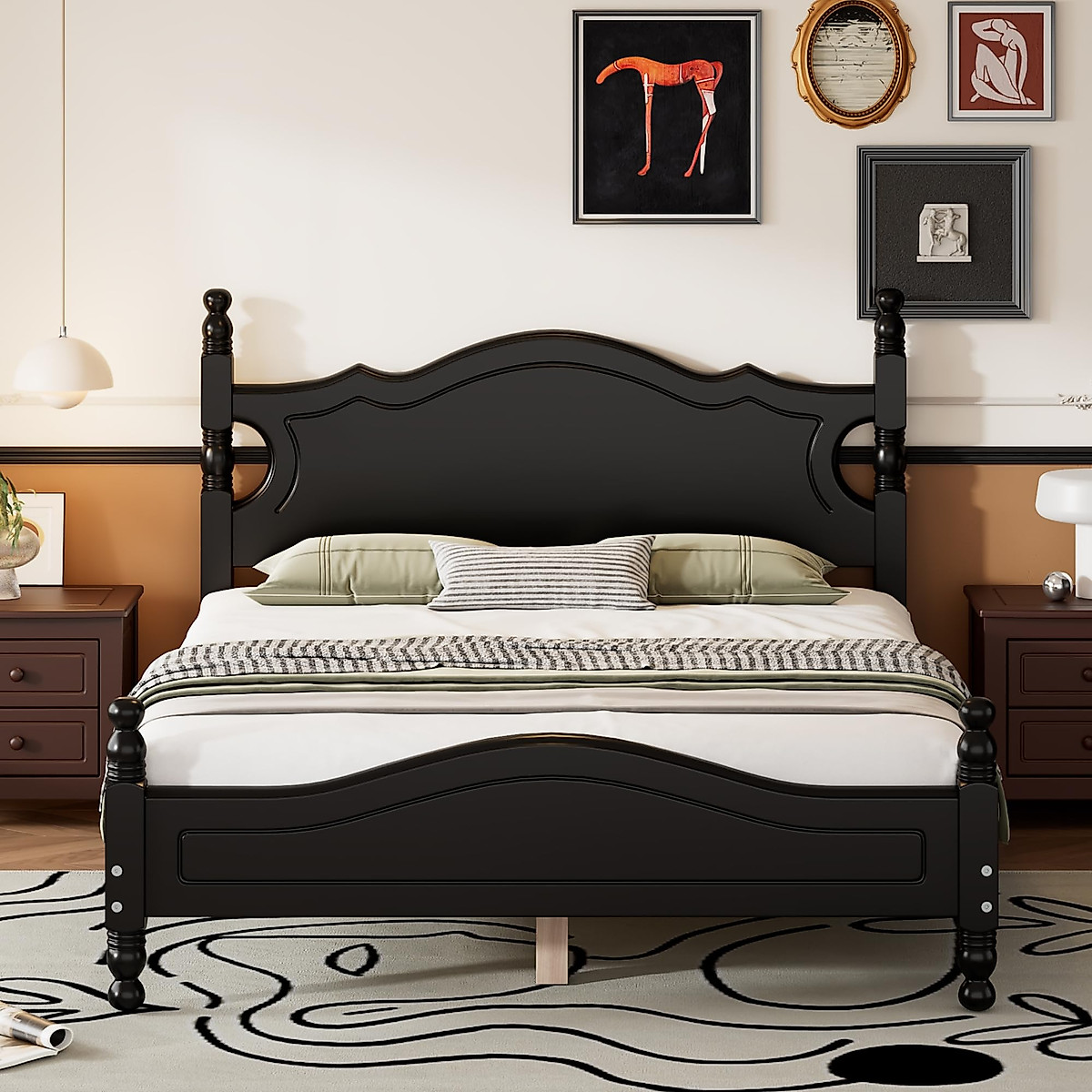 Harper & Bright Designs Full Size Platform Bed with Headboard, Retro Style Full Size Bed Frame, Full Wood Bed Frame with Slat Support for Bedroom, No Box Spring Needed (Black)