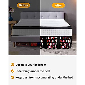 Valentine's Day Bed Skirt King Size 16 Inch Drop,Adjustable & Elastic Wrap Around Bed Skirts Pleated Luxury Dust Ruffles for Twin Full Queen Cal King Bed,Red Pink Black Saint Leopard English Print