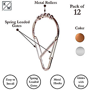 Kent & West - Shower Curtain Hooks | Easy to Install | Patented Design | Chrome Finish | Metal Rollers | Glides with Ease | Spring Loaded Gates | Set of 12