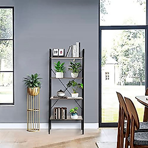 LuxenHome 4 Tier Ladder Bookshelf, 58'' Modern Leaning Bookshelf, Solid Real Wood Bookcase, Rustic Shelves with Industrial Metal Frame, Tall Wide Bookshelf Storage for Classroom, Light-Oak