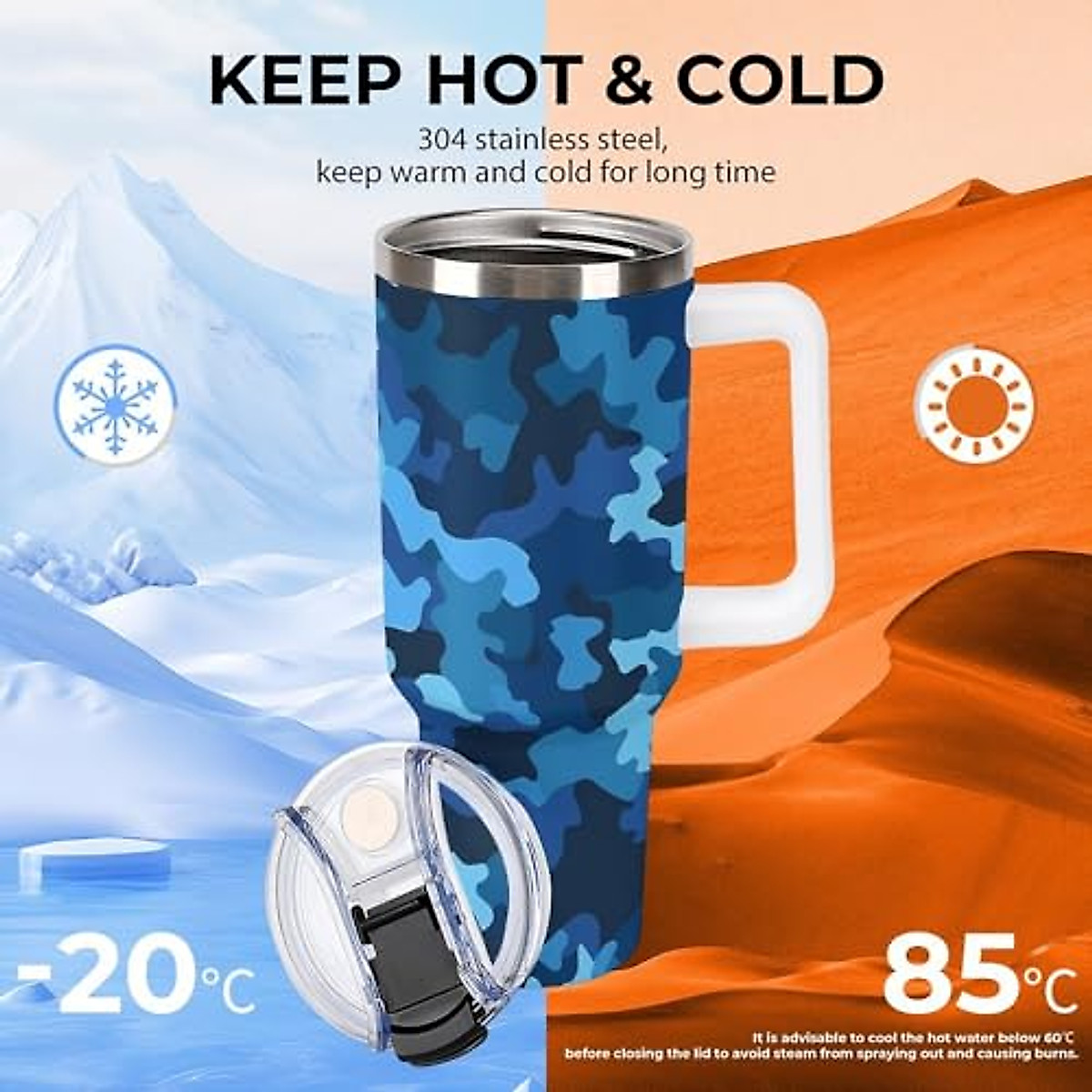 LLUTSNTH 40 Oz Vacuum Tumbler with White Handle Leakproof Insulated Tumbler Blue Camo Stainless Steel Travel Mug with Lid And Straw Coffee Cup Cute Water Bottles Cup Holder Friendly