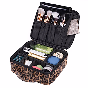 OXYTRA Makeup Bag Leopard Print PU Leather Travel Cosmetic Bag for Women Girls - Cute Large Makeup Case Cosmetic Train Case Organizer with Adjustable Dividers for Cosmetics Make Up Tools