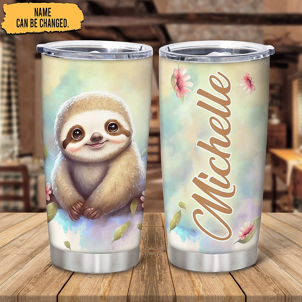 Hyturtle Personalized Gifts For Sloth Lover - Sloth Print Custom Name Stainless Steel Tumbler 20oz With Lid - Idea Animal Lover Gifts For Women Girl On Birthday, Christmas