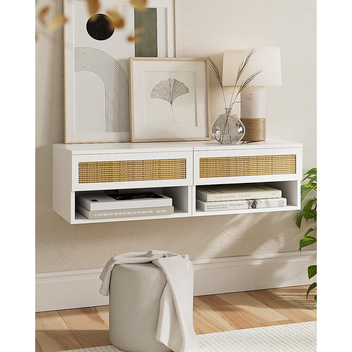 Floating Nightstand, Small Modern Floating Nightstand with Drawer, Floating Shelves for Bedroom, Bathroom (White Rattan)