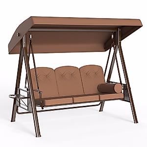 ZENPETIO 3-Seat Outdoor Patio Swing Chair, Adjustable Canopy Porch Swings, Deluxe Outdoor Swing with Weather Resistant Steel Frame, Thickened Cushions, Pillows & Cup Holders for Backyard, Porch