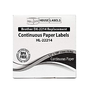 HOUSELABELS Compatible with DK-2214 Replacement Roll for Brother QL Label Printers; Continuous Length Labels; 1/2" 100 feet (12mm*30.48m) with 1 Reusable Cartridge - 6 Rolls