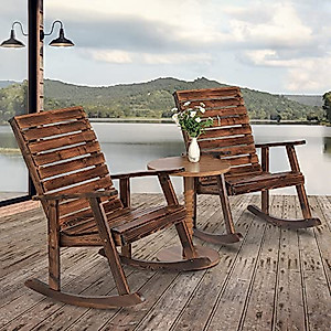 FURNDOOR 3 Piece Patio Rocking Bistro Set, Wood Rocking Chair Set with Coffee Table Wooden Rocker for Deck, Garden, Backyard, Porch