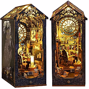 DIY Book Nook Kit, FOTEEMO DIY Miniature Dollhouse Detective Book Nook Building with LED Light Creative Bookend Model Kit DIY 3D Insert Wooden Puzzles Bookshelf for Teens Adults