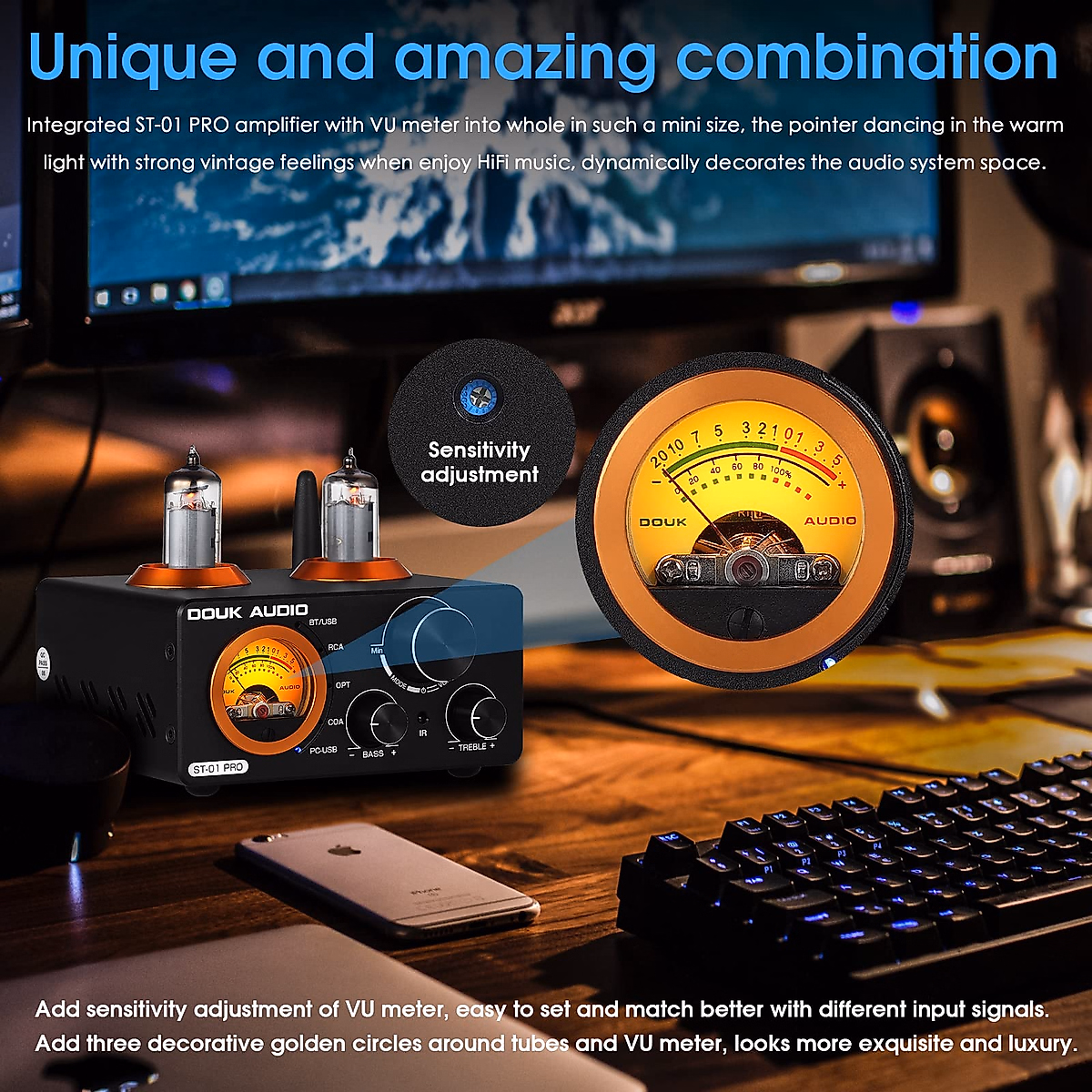 Douk Audio ST-01 PRO 200W Bluetooth Amplifier, 2 Channel Vacuum Tube Power Amp with USB DAC/Coaxial Optical Inputs/VU Meter/Treble Bass Control for Home Theater/Stereo Speakers (Upgrade Version)