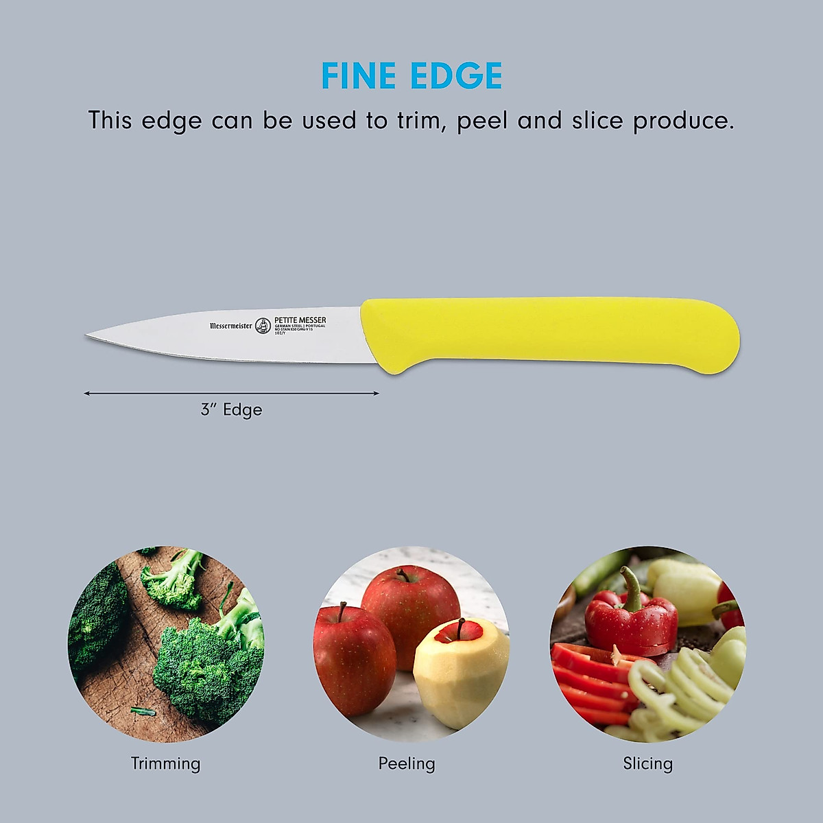 Messermeister Petite Messer 3” Spear Point Parer with Matching Sheath, Yellow - German 1.4116 Stainless Steel & Ergonomic Handle - Lightweight, Rust Resistant & Easy to Maintain