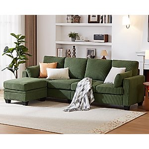CHIC HOUSE Corduroy Modular Sectional Couch with Ottoman Chaise, L Shaped 4-seat Sofa for Living Room, Apartment, Lounge, Modern Armrest Neck Support Furniture
