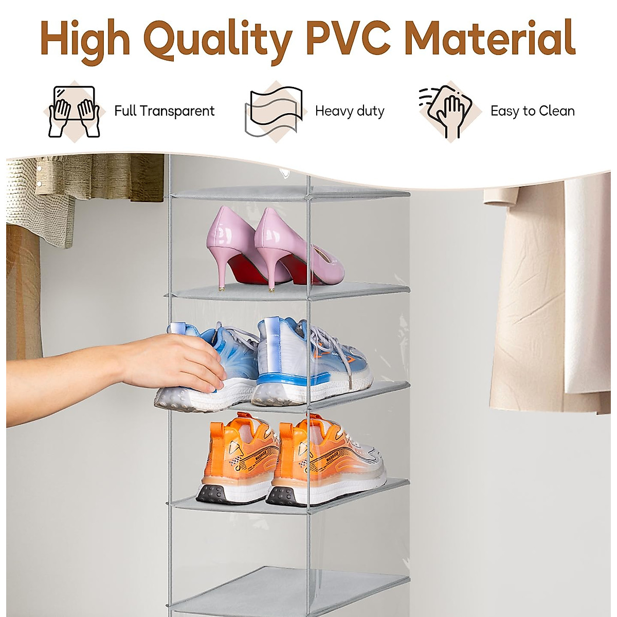 MISSLO Clear Hanging Shoe Organizer for Closet Storage Wider Hanging Shoe Rack 8 Shelf Shoe Hanger Holds 8 Pair of Sneakers, Clothes for Room, Bedroom, College Dorm