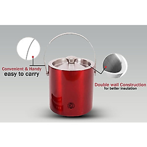 King International Stainless Steel Double Walled Insulated Red Ice Bucket with Lid & Handle, 1.75 LTR 84 Quarts, Ice Tong, Keeps Ice Cold for 6 Hours, Bar Tools for Home Bar Accessories, Mini Bar
