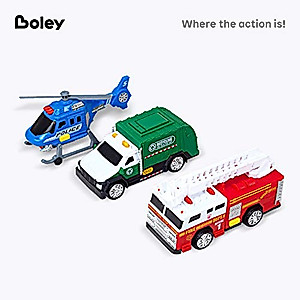 Boley City Vehicles - 3 Pack Toy Trucks and Helicopter - Fire Truck, Recycle Dump Truck, and Police Helicopter Car Set - Toy Cars for 3 Year Old Boys/Girls and Up
