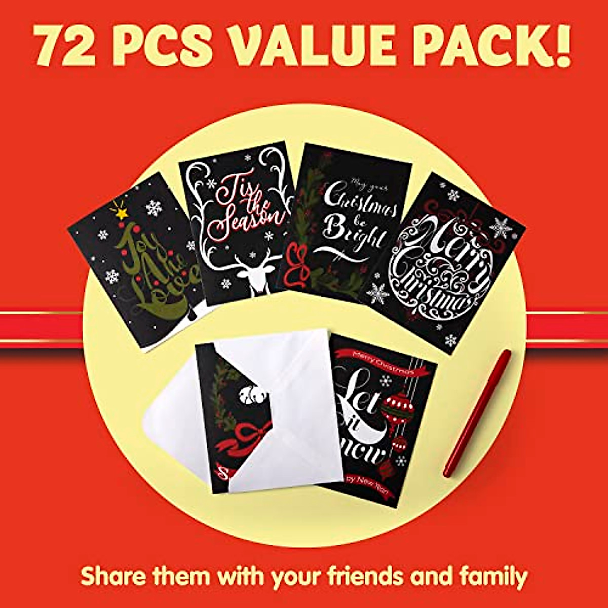 JOYIN 72 PCS Holiday Christmas Greeting Cards with 6 Artistic Greeting Designs With Envelopes for Winter Christmas Season, Merry Christmas Cards, Wintertime Gifts Cards. (Artistic Black Collection)