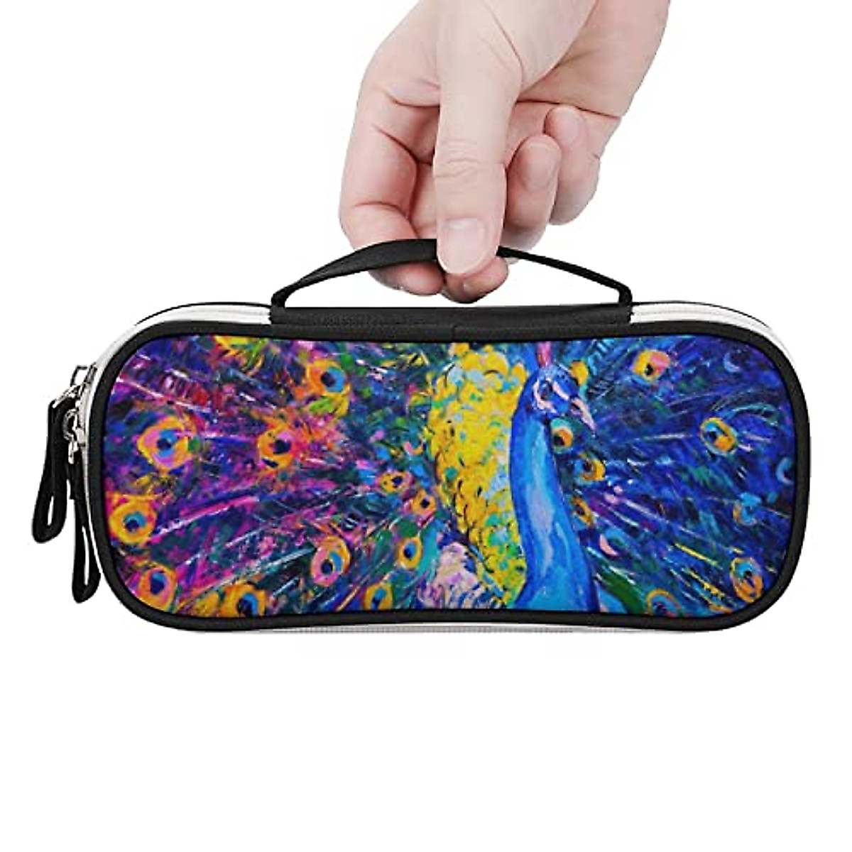 Colorful Peacock Printed Pencil Case Bag Stationery Pouch with Handle Portable Makeup Bag Desk Organizer