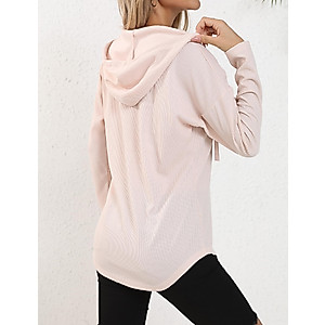 morhuduck Women's V Neck Hoodies Long Sleeve Sweatshirt Drawstring Pullover Tops with Pocket (Apricot M)