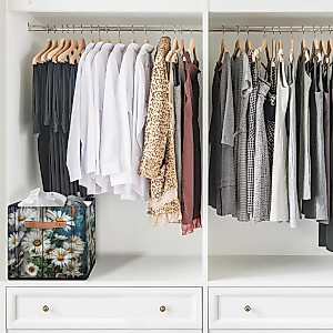 Kizmoglux Daisy Wooden Board Fabric Storage Bins, Collapsible Storage Baskets with Handles, Closet Baskets with Metal Frame, Storage Boxes for Organizing Shelf Clothes Home Office