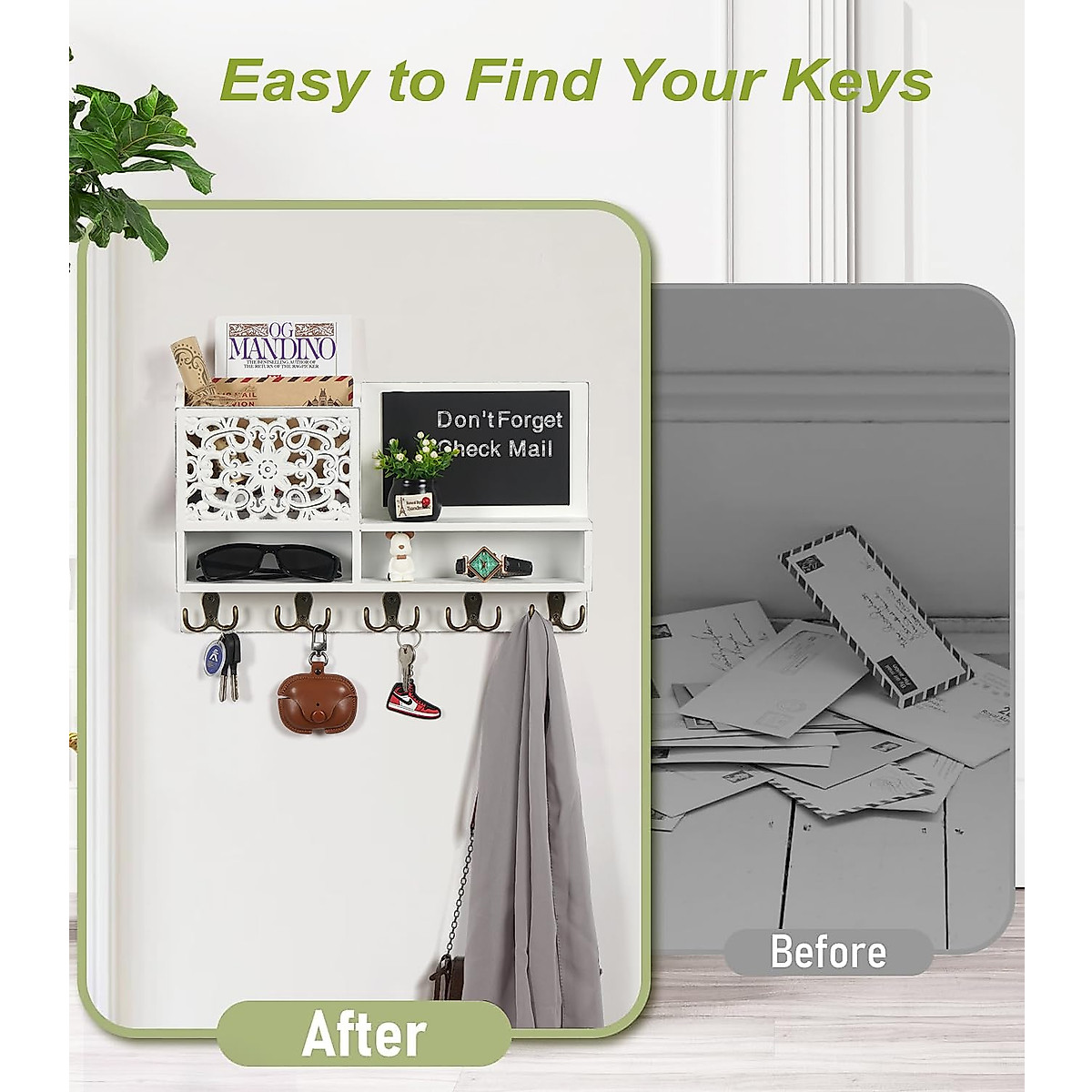 QILICHZ Mail Holder for Wall,Decorative Key and Mail Holder for Wall,Rustic Key Holder for Wall,Wood Key Holder Wall Mounted 10 Key Hooks,Farmhouse Wall Mail Holder Organizer with Chalkboard, White