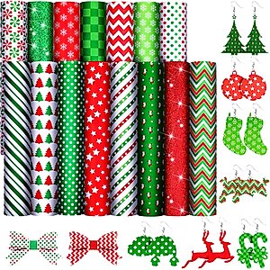 15 Pieces Christmas Leather Sheets Glitter Synthetic Leather Fabric Snowman Printed Fabric Sheets Waterproof Christmas Sheets for Holiday Christmas Bows Earrings Making Supplies (Bright Style)
