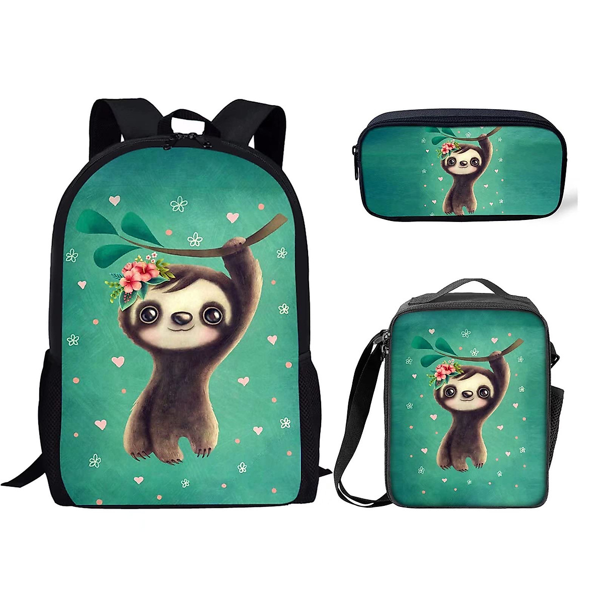 POLERO Cute Sloth Backpack for Girls Women Sloths School Rucksack Bookbags Set 3pcs with Pen Bag & Lunch Pouch