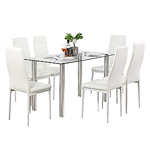 POULEII Glass Dining Table,Modern Minimalist Rectangular Table with Tempered Glass Tabletop and Silver Chrome Metal Legs for 6-8, Space Saving Dining Table for Kitchen Dining Room