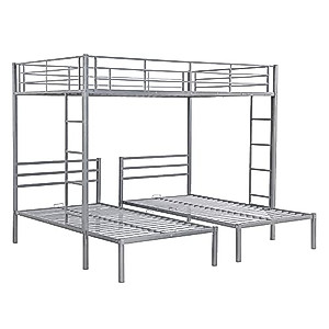 BOVZA Metal Triple Bunk Bed, Full Over Twin & Twin Size Bunk Bed with Built-in Shelf and Ladder, 3 Bunk Beds for Kids Teens Adults, Silver