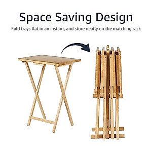 Amazon Basics Classic Portable TV Dinner Rectangular Folding Tray Table with Storage Rack, Natural - Set of 4 Trays, 15"D x 19"W x 26"H